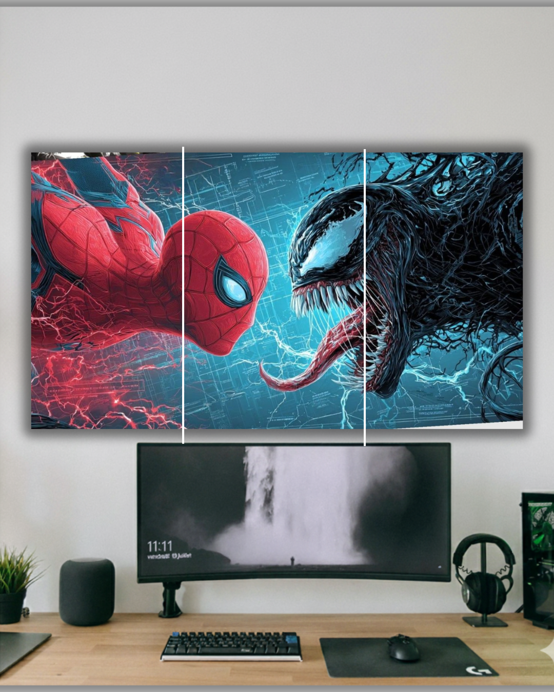 “Spider-Man vs Venom: Epic Face-Off Split Poster” – Luxen Art Gallery